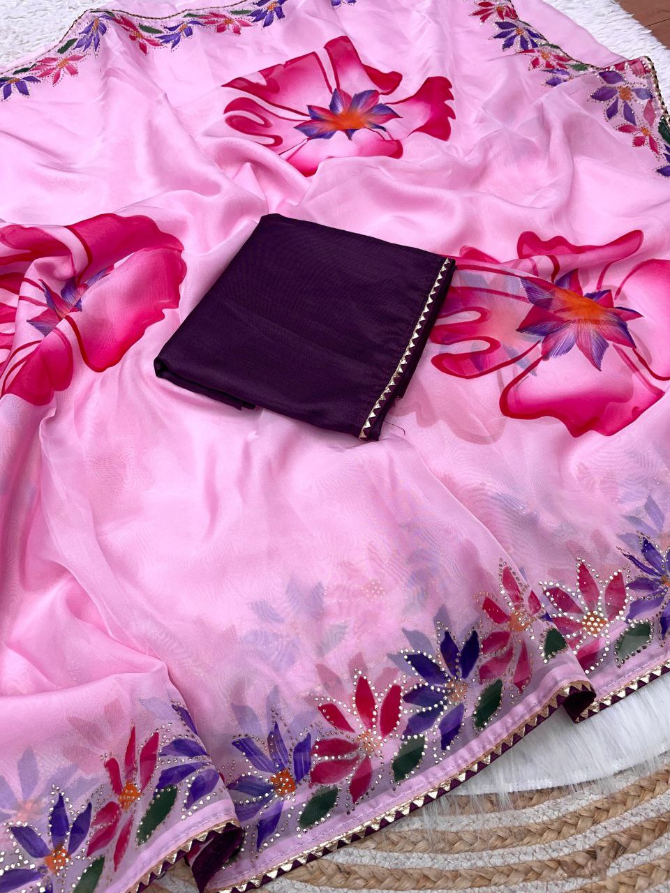 Beautiful barsh print with Mukesh work & samosa piping All over saree ...